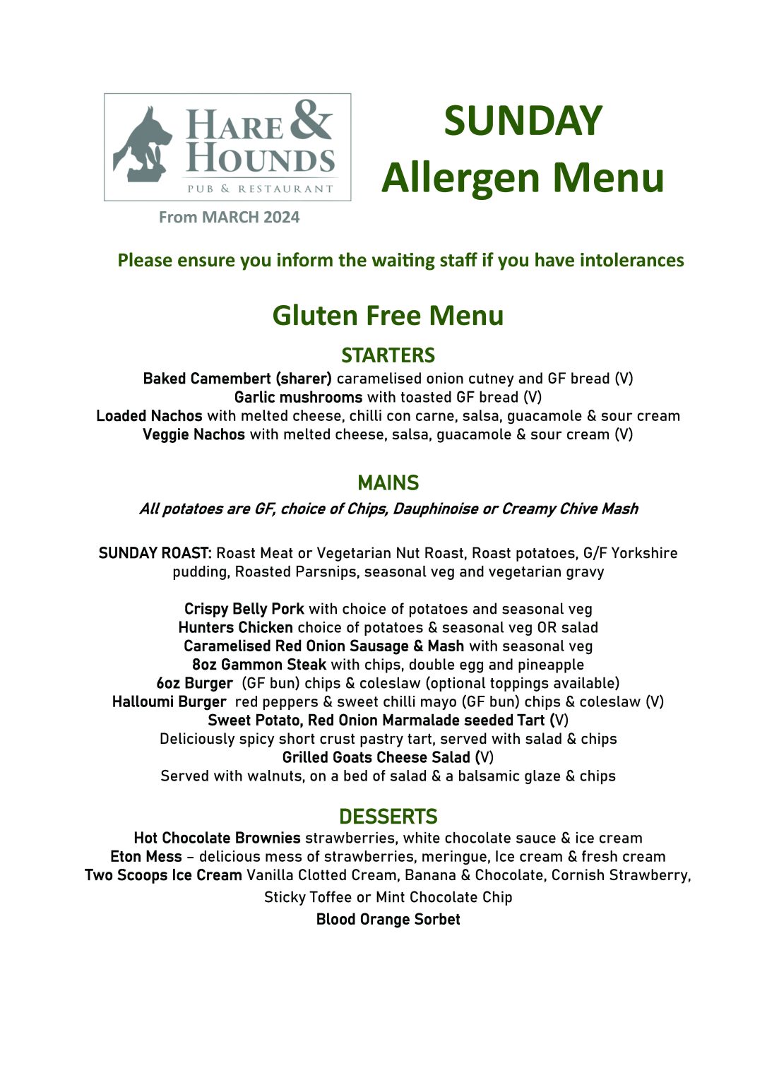 menus – The Hare & Hounds