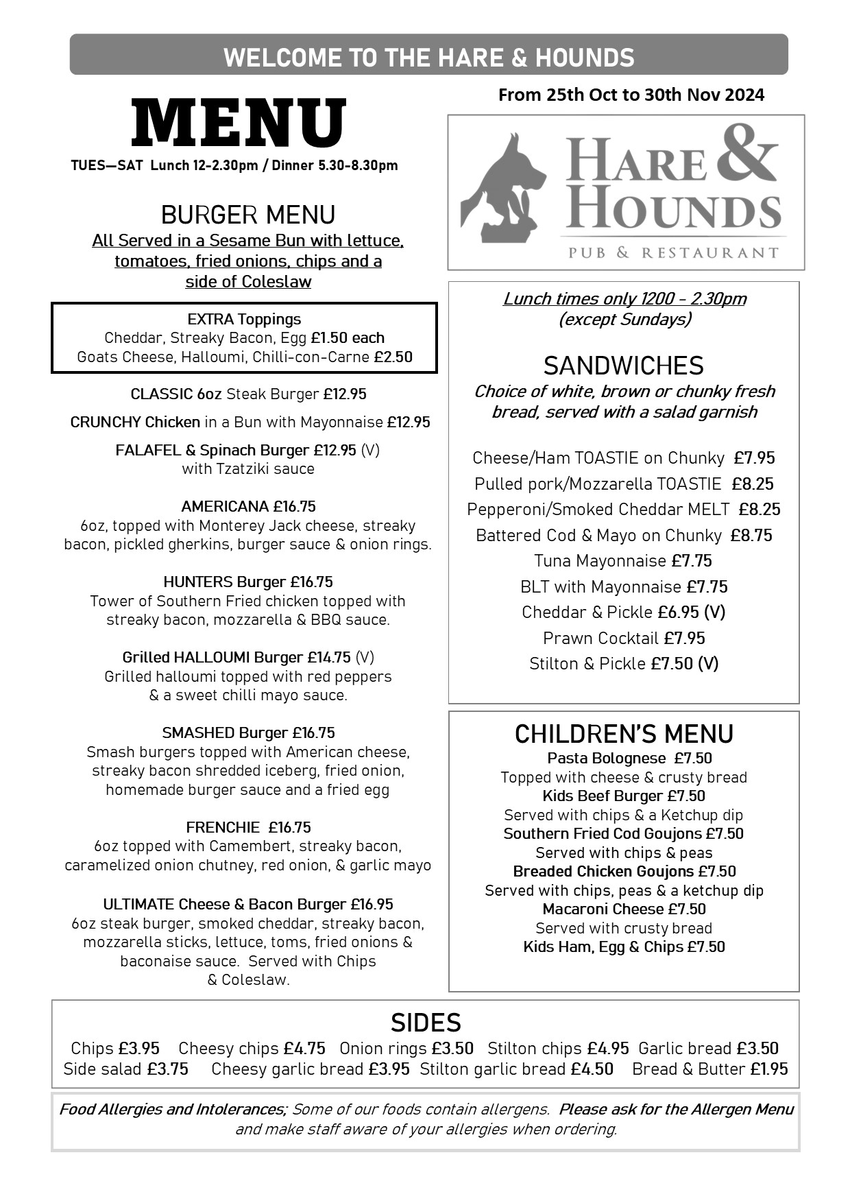 menus – The Hare & Hounds