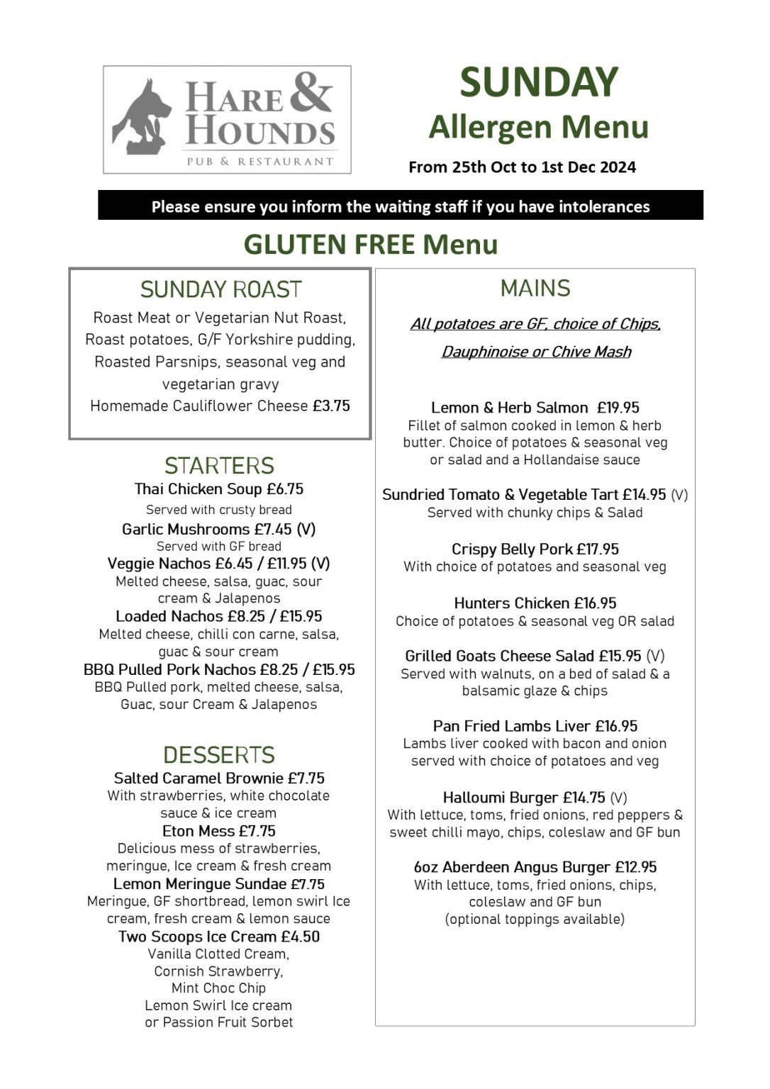 menus – The Hare & Hounds